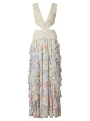 PatBO Seaweed Trim Cut-out Ruffled Maxi Dress - Neutrals