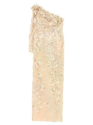 SAIID KOBEISY One-shoulder Embroidered Tulle Dress - Neutrals