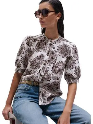 ME+EM Printed Cheesecloth Straight Blouse - Soft White/brown