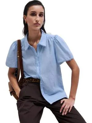 ME+EM Cheesecloth Trim Blouse - Chambray Blue