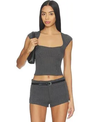 Superdown Agnes Cap Sleeve Pin Stripe Cropped Top - Grey