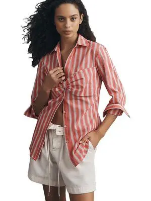 Maeve Bow Long-sleeve Buttondown Top - Red Stripe