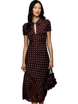 AROSE STUDIO Nerina Short-sleeve Tie-neck A-line Midi Dress - Wine/pink