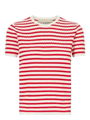 Valentino Garavani Embellished Striped Ribbed Cotton T-shirt - Red