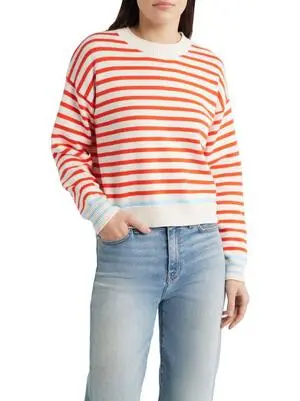 Marine Layer Suki Stripe Cotton Crewneck Sweater - Red Stripe