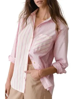 Marine Layer Relaxed Stripe Cotton Poplin Button-up Shirt - Pink Stripe
