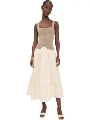 Moon River Square Neckline Mixed Media Midi Dress - Khaki