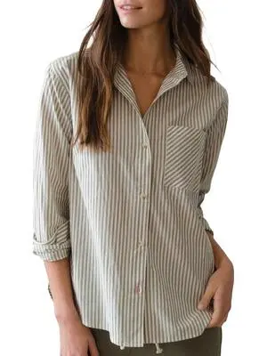 Marine Layer Striped Cotton Poplin Button-up Shirt - Olive Stripe