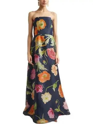 CAROLINA HERRERA Poppy Print Strapless Silk Gown