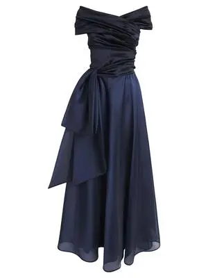 Talbot Runhof Satin Duchesse Off-the-shoulder Bow Gown - Navy