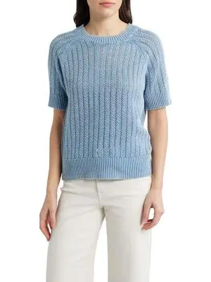 CITY BLUES Washed Openwork Knit Rib Short Sleeve Sweater - Ocean