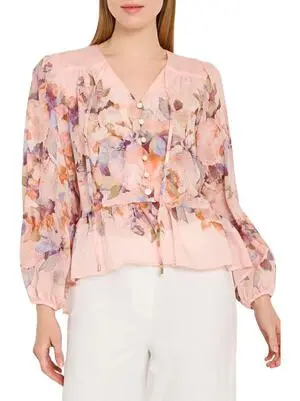 TAHARI ASL Floral Print Peplum Chiffon Top - Tea Rose Multi
