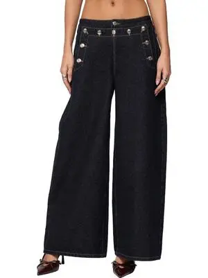 EDIKTED Frida Low Rise Wide Leg Jeans - Dark-blue