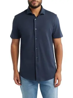 Stone Rose Technical Piqué Knit Short Sleeve Button-up Shirt - Navy