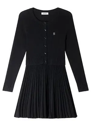 Sandro Pleated-skirt Round-neck Mini Dress - Black