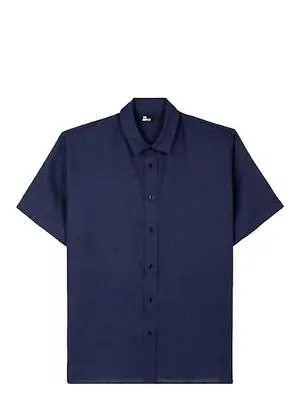 The Kooples Short-sleeved Brand-embroidered Linen Shirt - Navy