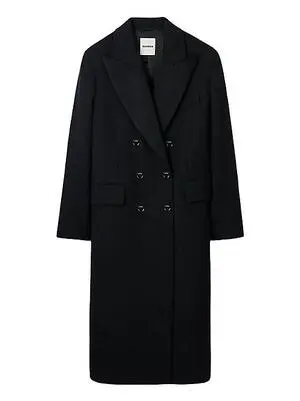 Sandro Double-breasted Wool-blend Coat With Satin Lapel - Black