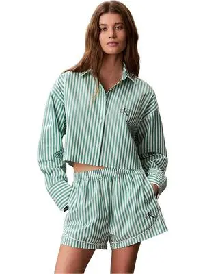 Calvin Klein Cotton Poplin Cropped Sleep Shirt - Penny Stripe Mardi Gras Green