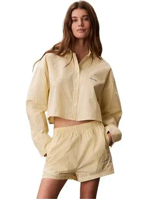 Calvin Klein Cotton Poplin Cropped Sleep Shirt - Sera Stripe Pear Sorbet