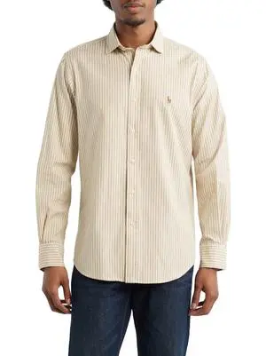 Polo Ralph Lauren Classic Fit Stripe Cotton Button-up Oxford Shirt - Coastal Beige White