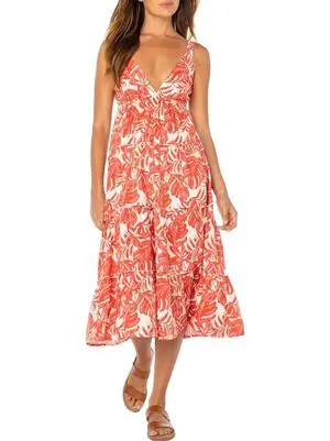 Roxy Monstera Print Tiered Midi Dress - Lantana