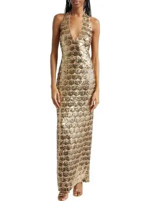 Ramy Brook Shauna Sequin Halter Gown - Gold Sequin