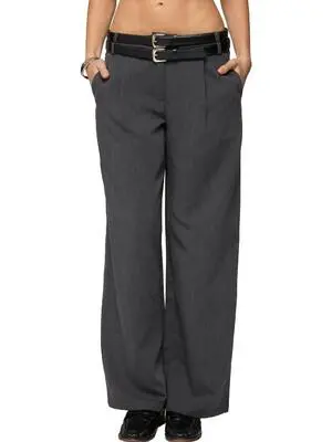 EDIKTED Low Rise Straight Leg Trousers With Double Belt - Gray-melange