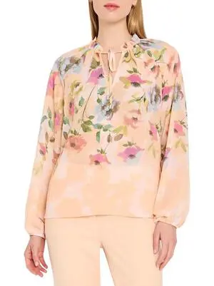 TAHARI ASL Floral Print Tie-neck Blouse - Blush Multi