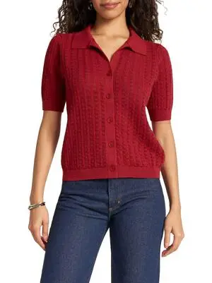 Matty M. Solana Pointelle Polo Cardigan Cherry