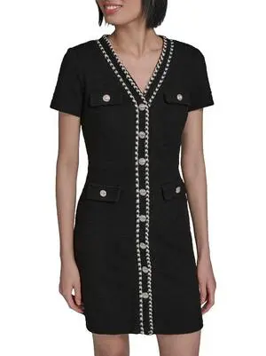 Karl Lagerfeld Braided Trim Tweed Sheath Dress - Black