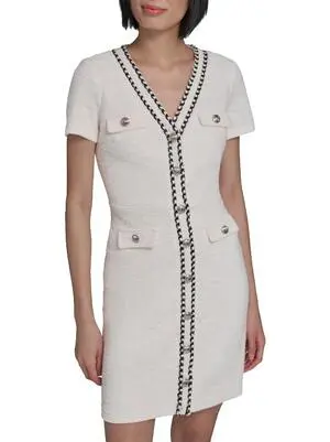 Karl Lagerfeld Braided Trim Tweed Sheath Dress - Soft White