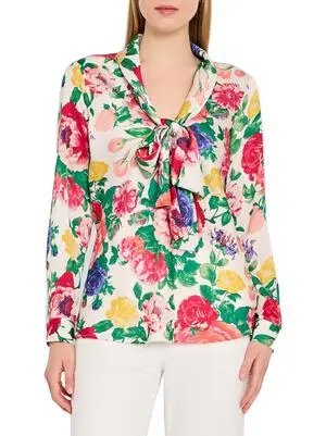 TAHARI ASL Floral Print Tie Neck Top - Ivory Multi