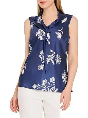 TAHARI ASL Sailor Tie Neck Sleeveless Top - Navy Ivory