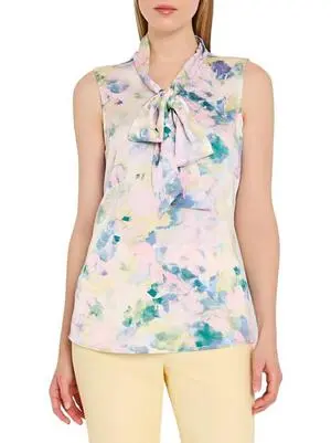 TAHARI ASL Printed Tie Neck Sleeveless Top - Blush Buttercup