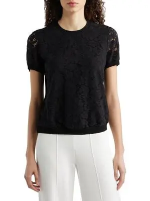 TAHARI ASL Lace Front Short-sleeve Sweater - Black