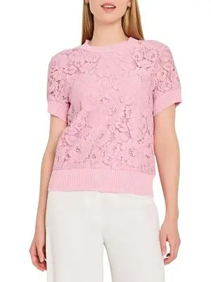 TAHARI ASL Lace Front Short-sleeve Sweater - Tea Rose