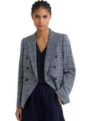 REISS Larissa Petite Double-breasted Check Blazer Cotton-linen - Navy Check