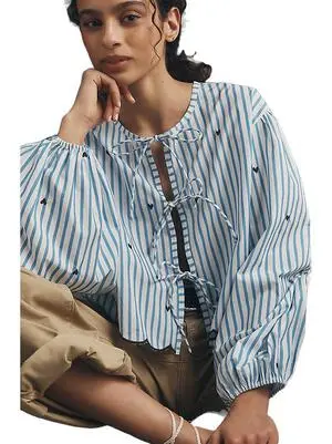 Maeve Tie-front Puff-sleeve Shirt Top - Blue Stripe