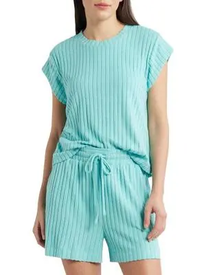 CITY BLUES Rib Knit Cap Sleeve Top - Aqua Sky