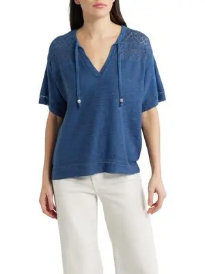 CITY BLUES Tie Neck Pointelle Top - Cadet Blue