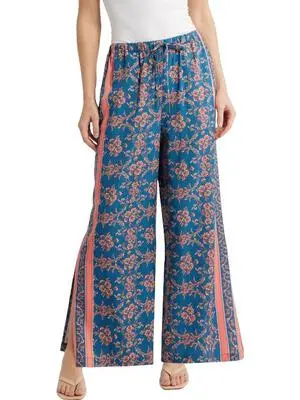 CITY BLUES Floral Wide Leg Lounge Pants - Cadet Blue/dusty Pink