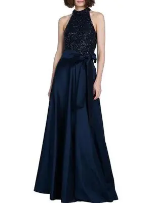 EMILY SHALANT Hand Embellished Bodice Taffeta Gown - Navy