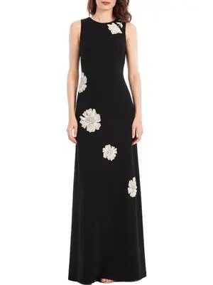 EMILY SHALANT Floral Appliqué Embellished Crepe Gown - Black