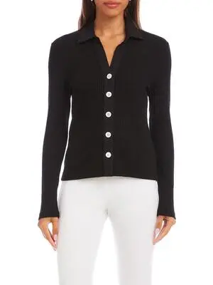 Karen Kane Button-Up Rib Top Blk
