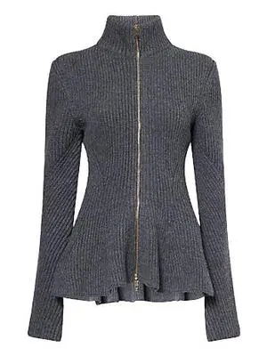 Alaïa Ribbed Peplum Knitted Wool Cardigan - Gris Fonce