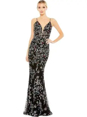 Mac Duggal Embellished Plunge Neck Gown - Black