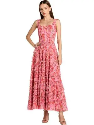 Mac Duggal Floral Printed Ruffle Maxi Dress - Cherry Multi
