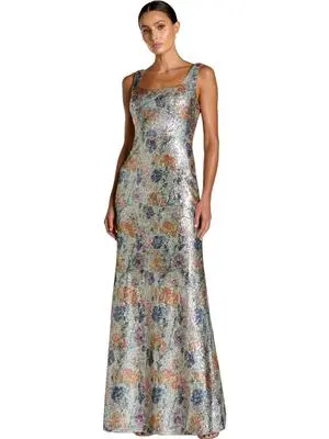Mac Duggal Sleeveless Floral Sequin Gown - Silver Multi