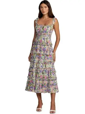 Mac Duggal Floral Tiered Cotton Midi Dress - Multi