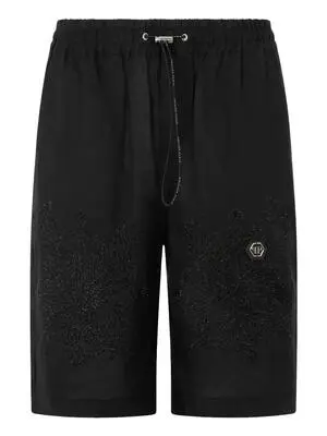 Philipp Plein Embroidered Linen Bowling Shorts - Black